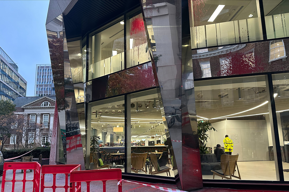 Vandals shatter windows and spray paint over L&G HQ